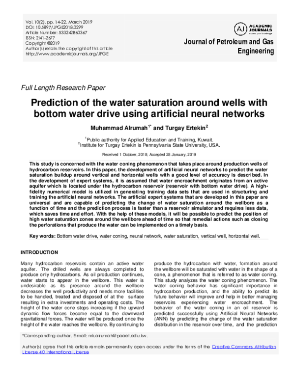 (PDF) Prediction of the water saturation around wells with bottom water drive using artificial ...