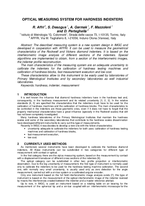 (PDF) Optical Measuring System For Hardness Indenters