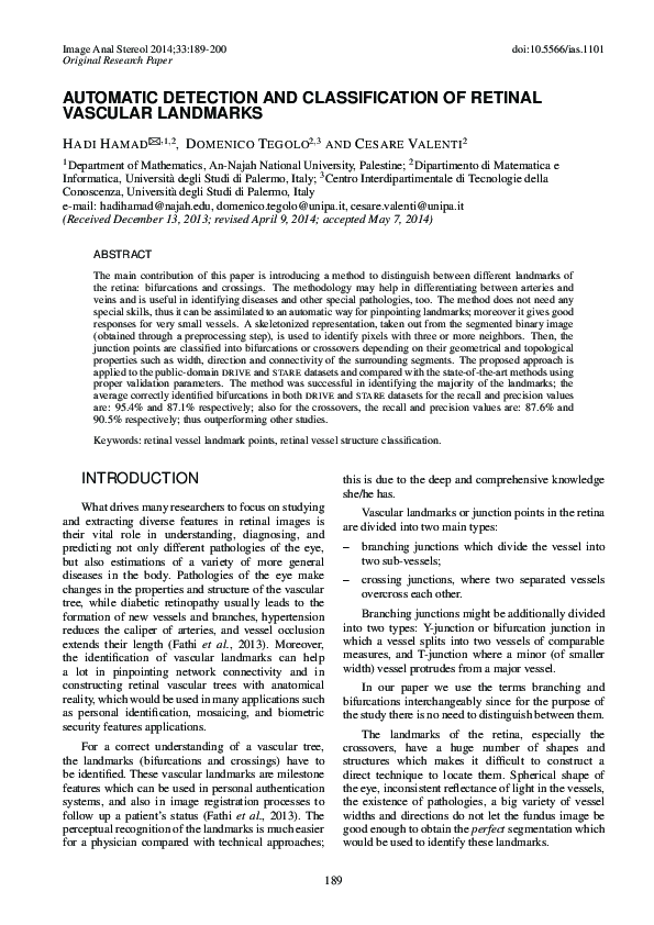 (PDF) Automatic Detection and Classification of Retinal Vascular Landmarks