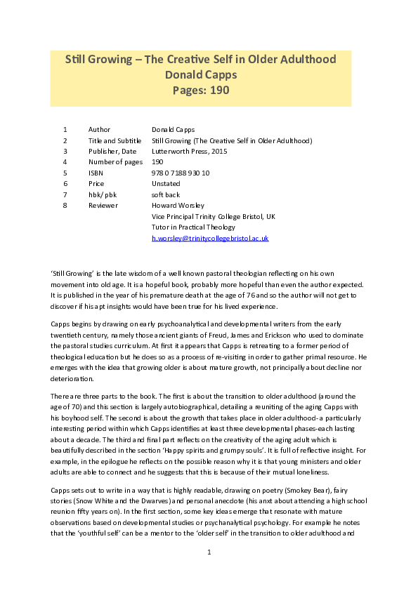 (DOC) Donald Capps, Still Growing: The Creative Self in Older Adulthood ...