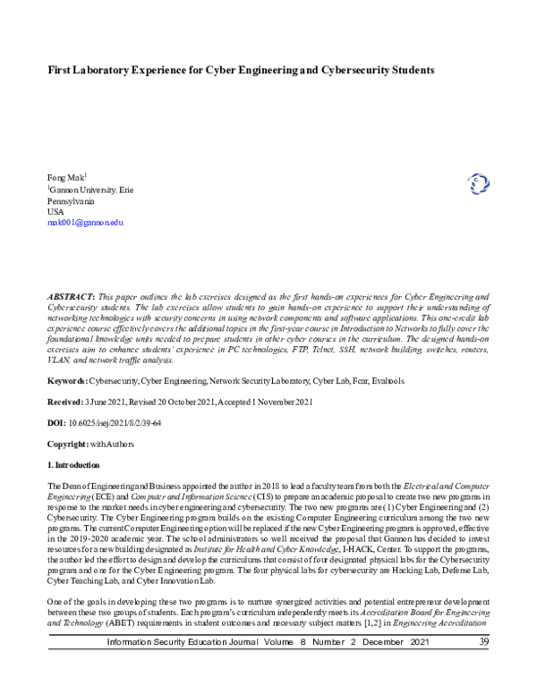 (PDF) First Laboratory Experience for Cyber Engineering and Cybersecurity Students