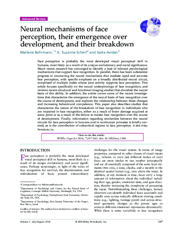 (PDF) Neural mechanisms of face perception, their emergence over ...