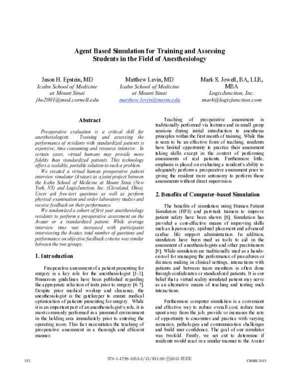 (PDF) Agent based simulation for training and assessing students in the field of anesthesiology ...