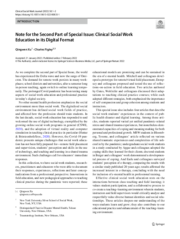 (PDF) Note for the Second Part of Special Issue: Clinical Social Work ...