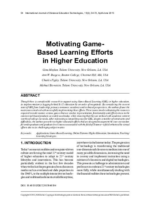 (PDF) Motivating Game-Based Learning Efforts in Higher Education