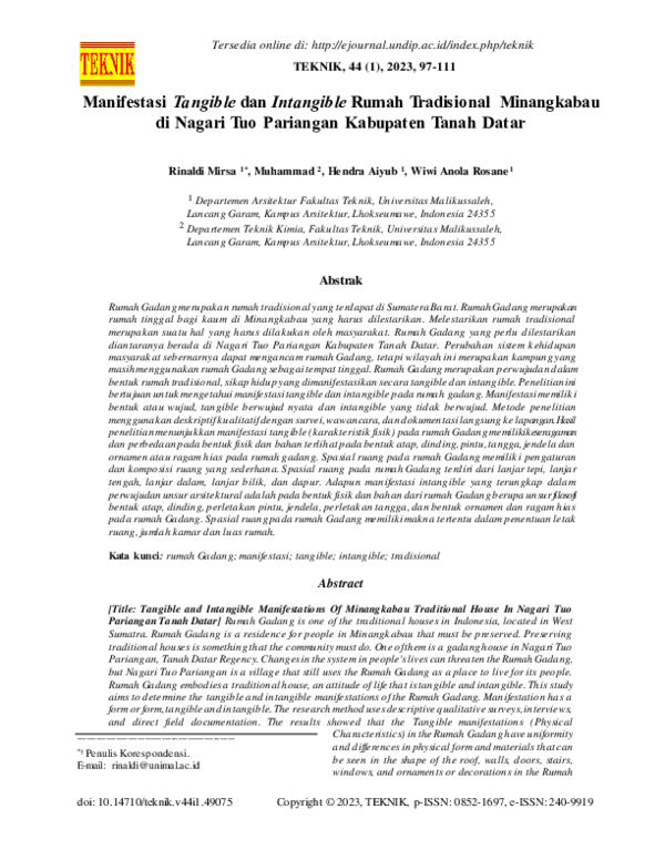 (PDF) Manifestasi Tangible dan Intangible Rumah Tradisional Minangkabau di Nagari Tuo Pariangan ...