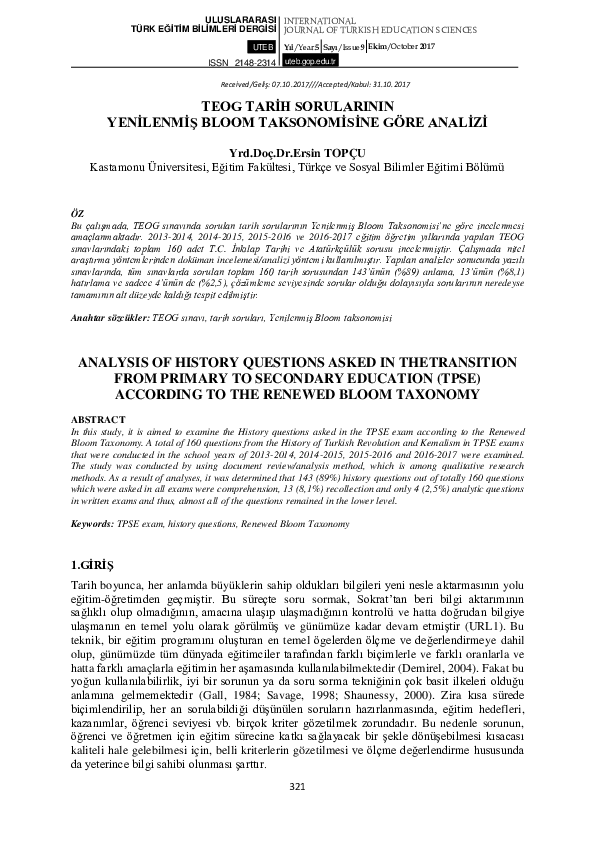 (PDF) TEOG Tarih Sorularının Yenilenmiş Bloom Taksonomisine Göre Analizi