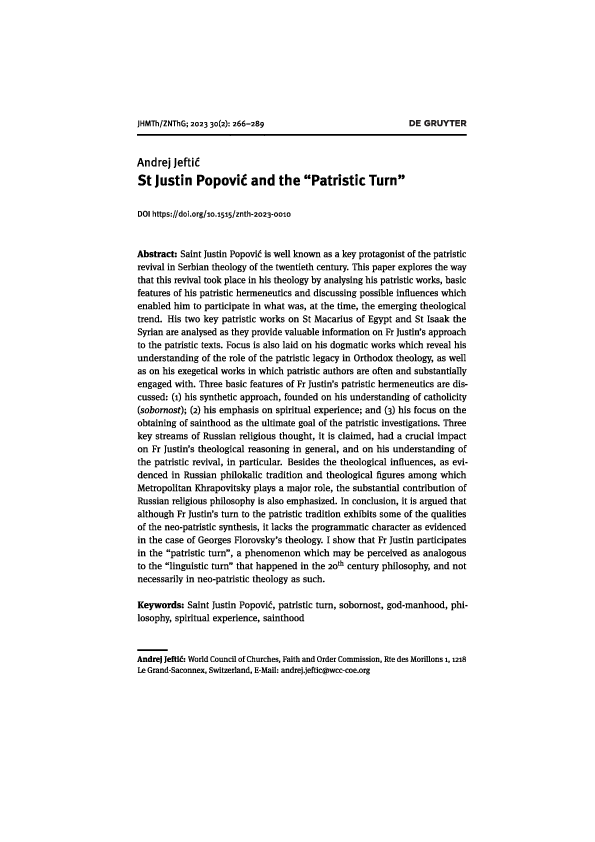 (PDF) St Justin Popović and the “Patristic Turn”