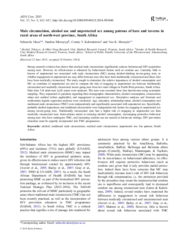 (PDF) Male circumcision, alcohol use and unprotected sex among patrons ...