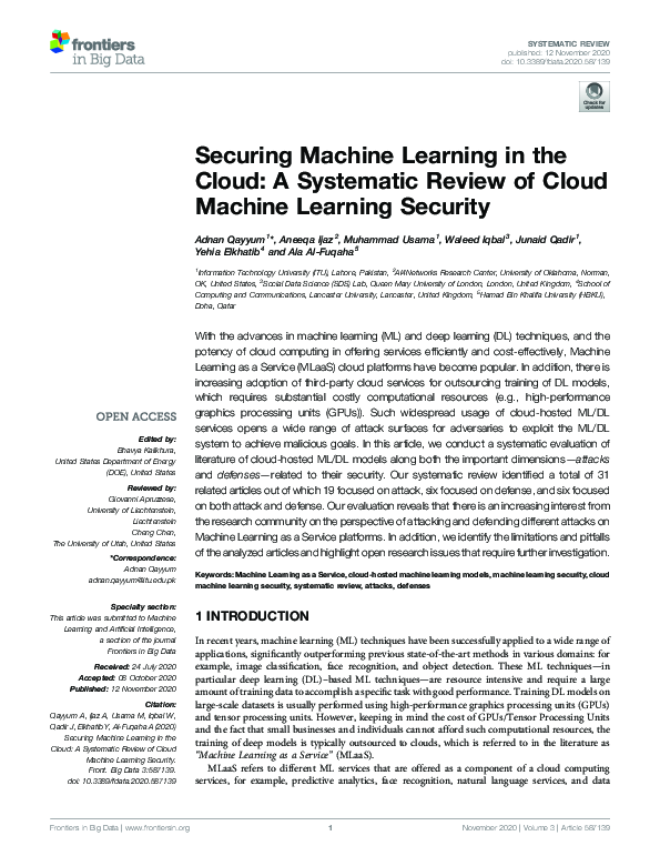 (PDF) Securing Machine Learning in the Cloud: A Systematic Review of Cloud Machine Learning Security