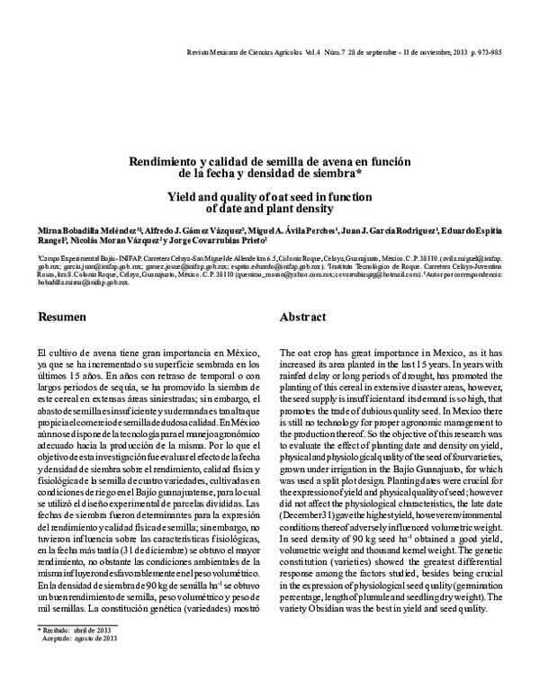 (PDF) Rendimiento y calidad de semilla de avena en función de la fecha y densidad de siembra ...