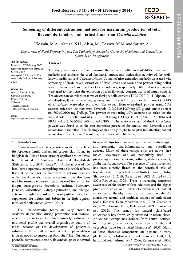 Pdf Screening Of Different Extraction Methods For Maximum Production Of Total Flavonoids