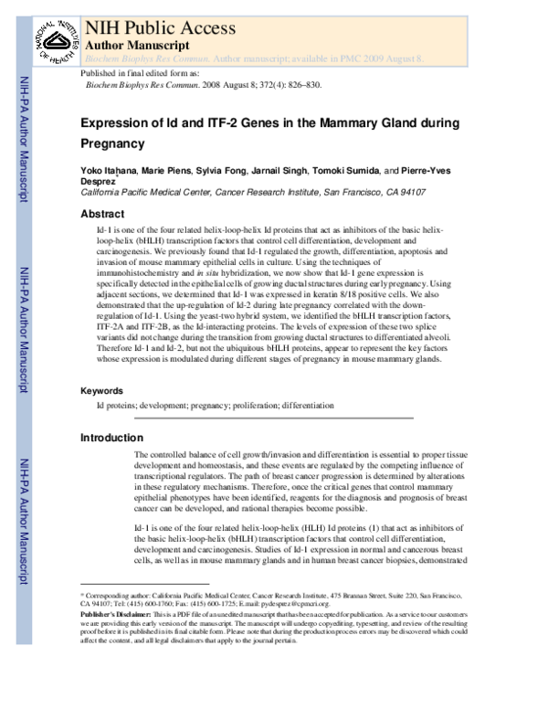 (PDF) Expression of Id and ITF-2 genes in the mammary gland during ...