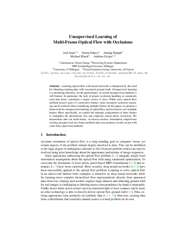 Pdf Unsupervised Learning Of Multi Frame Optical Flow With Occlusions Anurag Ranjan