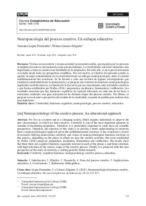 (PDF) Neuropsicología del proceso creativo. Un enfoque educativo