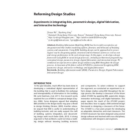 (PDF) Reforming Design Studios: Experiments in integrating bim, parametric design, digital ...