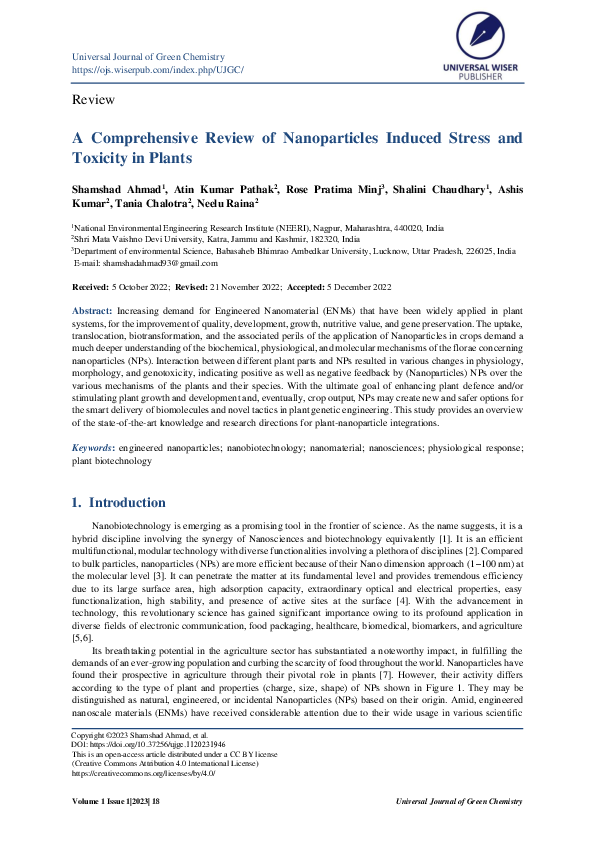 (PDF) A Comprehensive Review of Nanoparticles Induced Stress and Toxicity in Plants