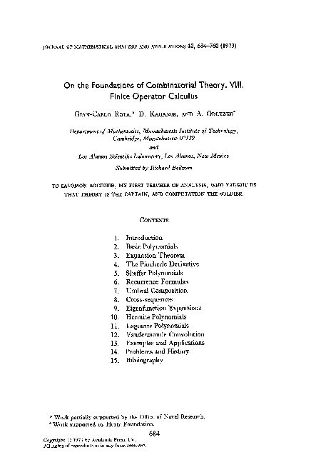 (PDF) On the foundations of combinatorial theory. VIII. Finite operator calculus