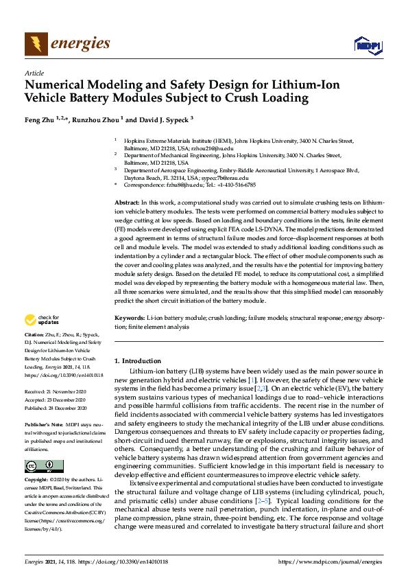 (PDF) Numerical Modeling and Safety Design for Lithium-Ion Vehicle Battery Modules Subject to ...