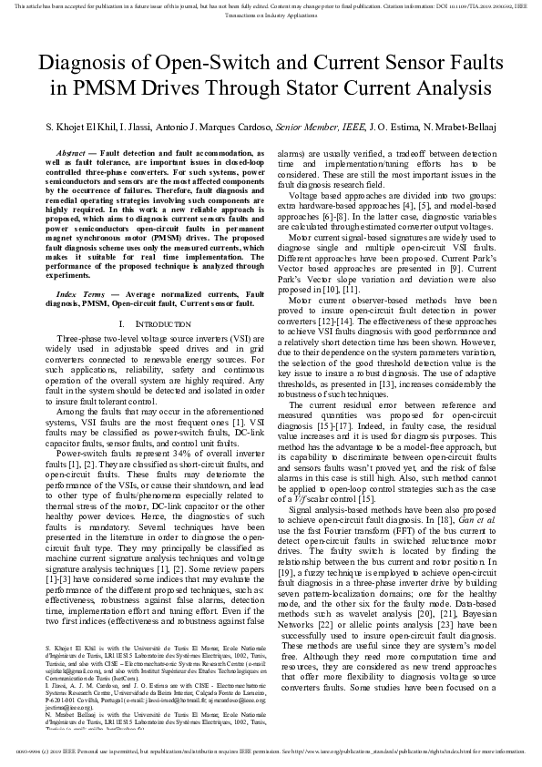 (PDF) Diagnosis of Open-Switch and Current Sensor Faults in PMSM Drives Through Stator Current ...