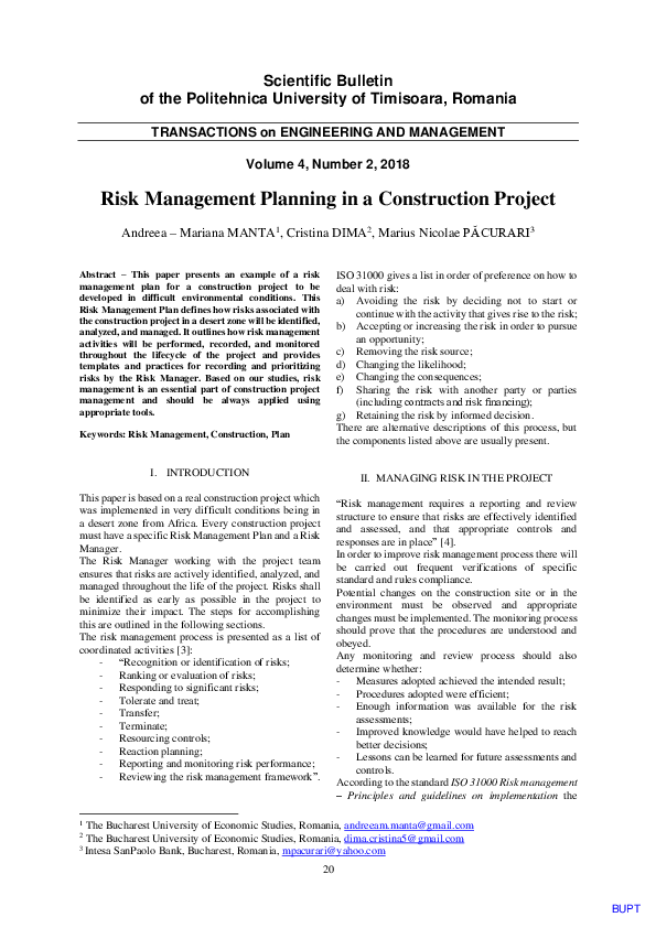 (PDF) Risk Management Planning in a Construction Project