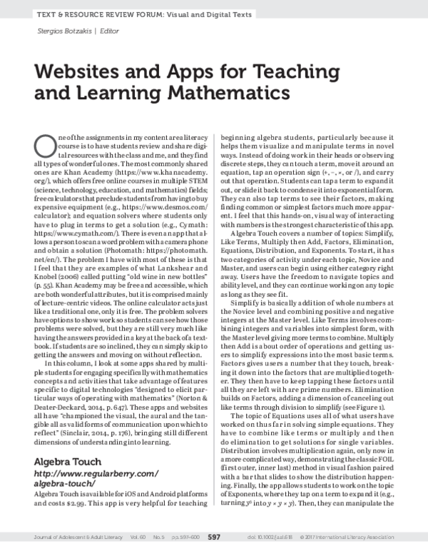 (PDF) Websites and Apps for Teaching and Learning Mathematics