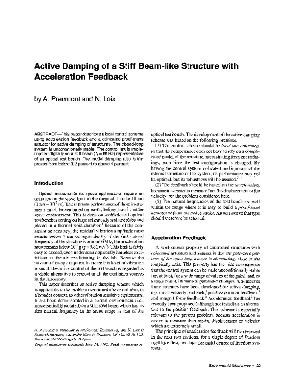 (PDF) Active damping of a stiff beam-like structure with acceleration feedback