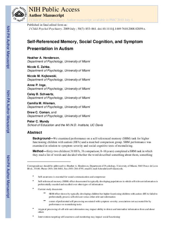 (PDF) Self‐referenced memory, social cognition, and symptom ...