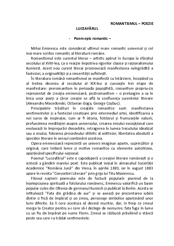 (DOC) ROMANTISMUL - LUCEAFĂRUL - EMINESCU (eseu)