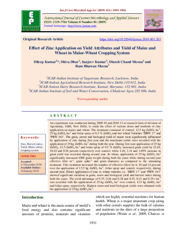 Pdf Effect Of Zinc Application On Yield Attributes And Yield Of Maize And Wheat In Maize Wheat