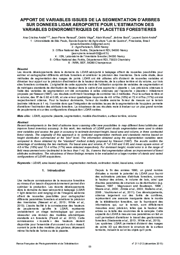 (PDF) Apport De Variables Issues De La Segmentation D’Arbres Sur Donnees Lidar Aeroporte Pour L ...