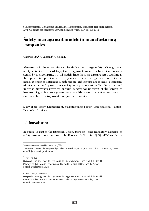 (PDF) Safety Management Models in Manufacturing Companies