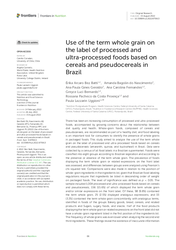 (PDF) Use of the term whole grain on the label of processed and ultra ...