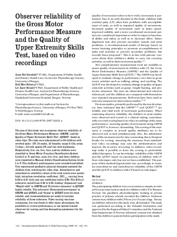(PDF) Observer reliability of the Gross Motor Performance Measure and the Quality of Upper ...