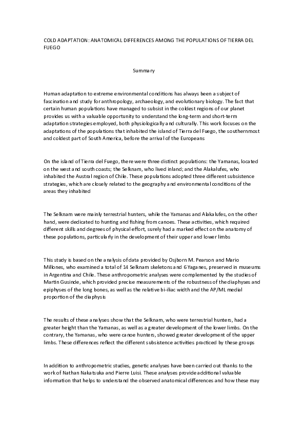 (DOC) COLD ADAPTATION: ANATOMICAL DIFFERENCES AMONG THE POPULATIONS OF