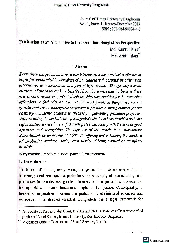 (PDF) Probation as an Alternative to Incarceration: Bangladesh Perspective