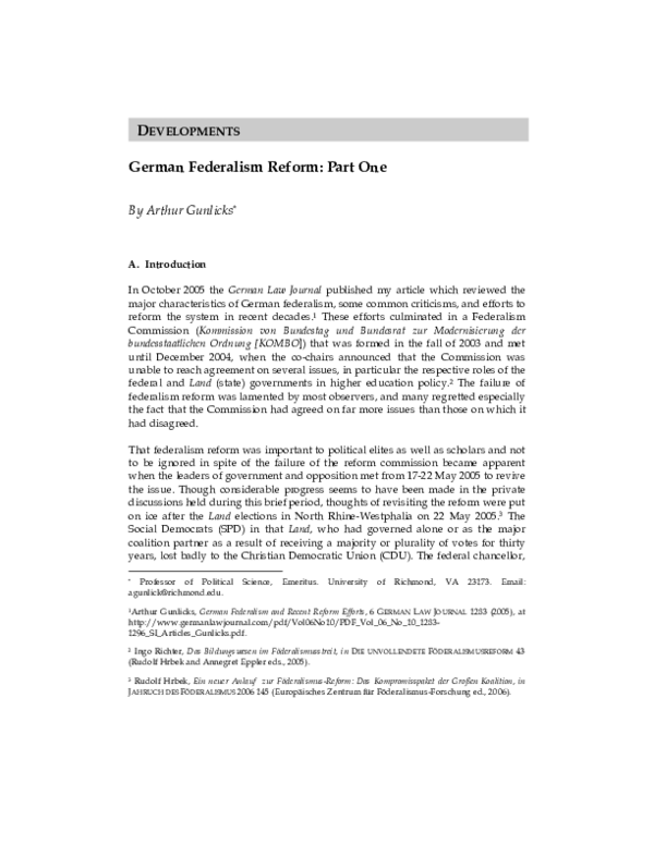 (PDF) German Federalism Reform: Part One