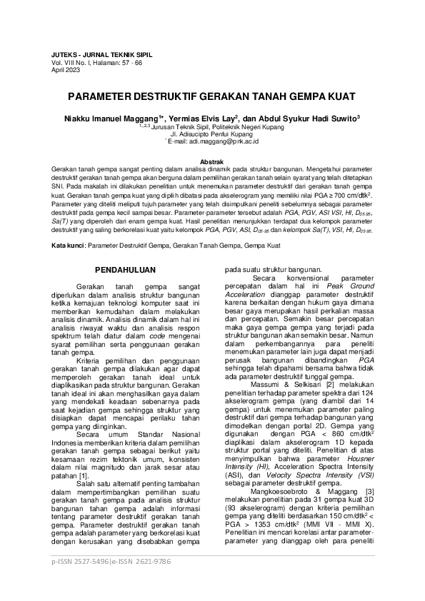 (PDF) Parameter Destruktif Gerakan Tanah Gempa Kuat