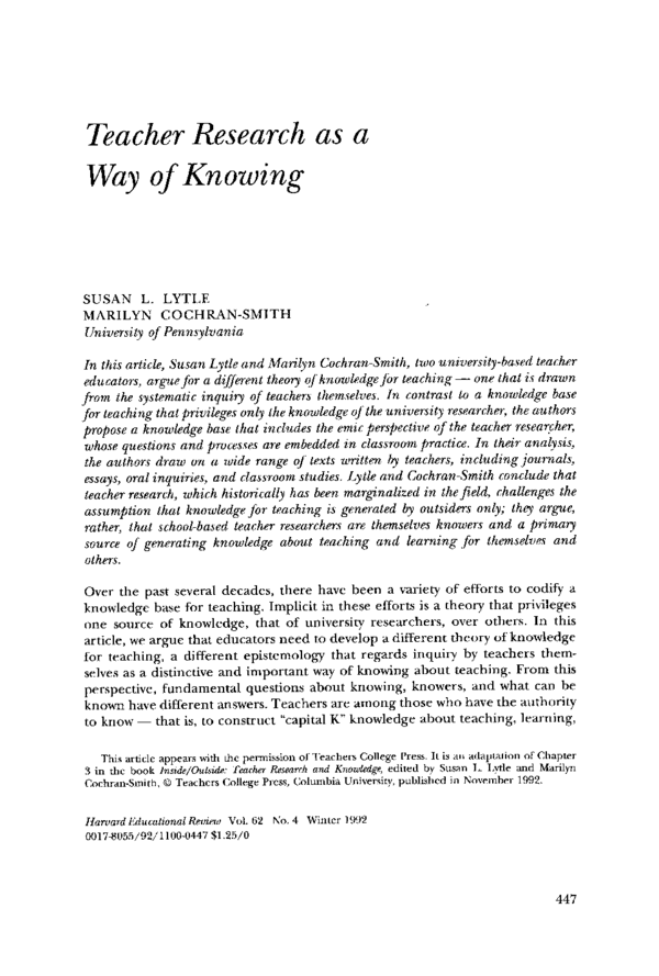 (PDF) Teacher Research as a Way of Knowing