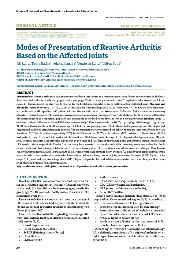 (PDF) Modes of Presentation of Reactive Arthritis Based on the Affected ...