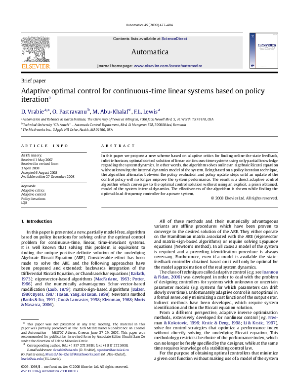 (PDF) Adaptive optimal control for continuous-time linear systems based ...