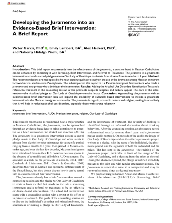 (PDF) Developing the Juramento into an Evidence-Based Brief Intervention: A Brief Report | Alex ...