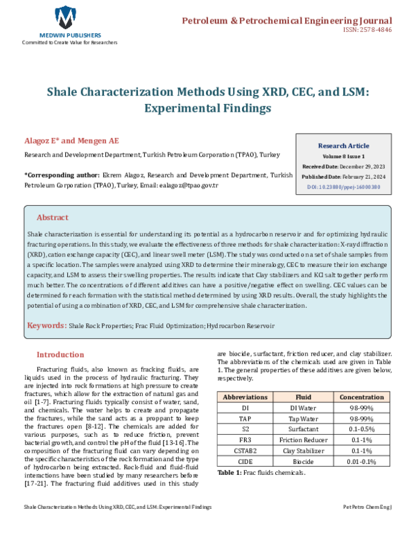 (PDF) Shale Characterization Methods Using XRD, CEC, and LSM: Experimental Findings