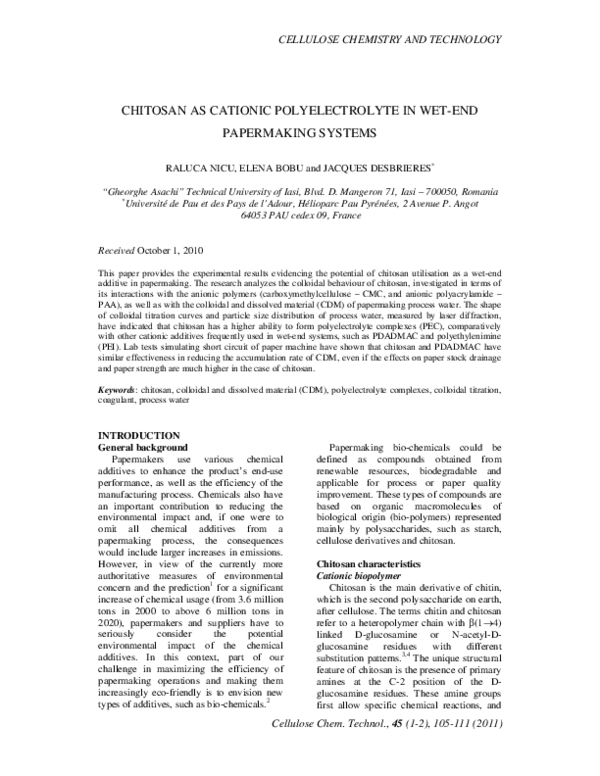 (PDF) Chitosan as Cationic Polyelectrolyte in Wet-End Papermaking Systems