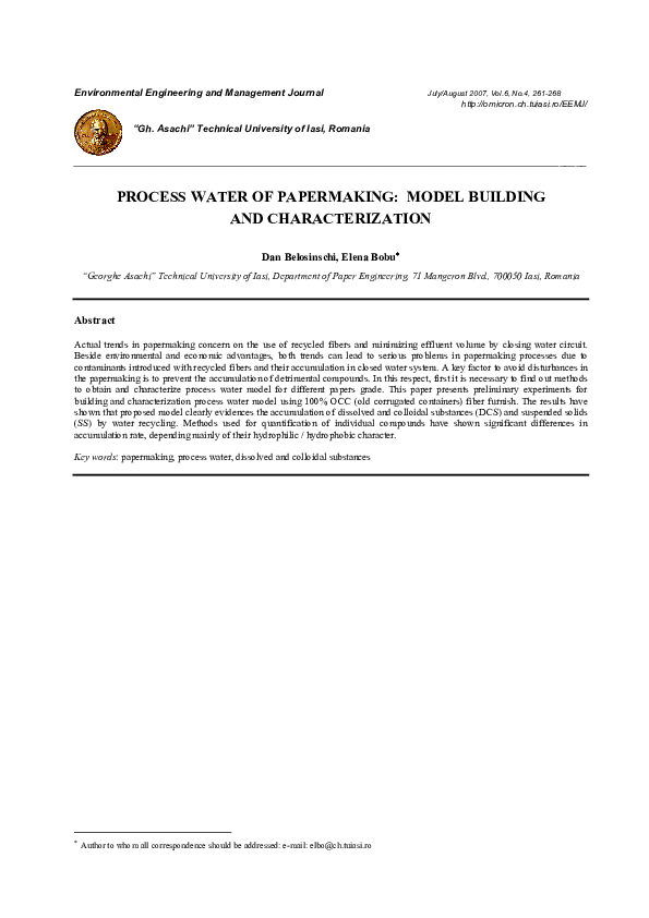 (PDF) Process Water of Papermaking: Model Building and Characterization