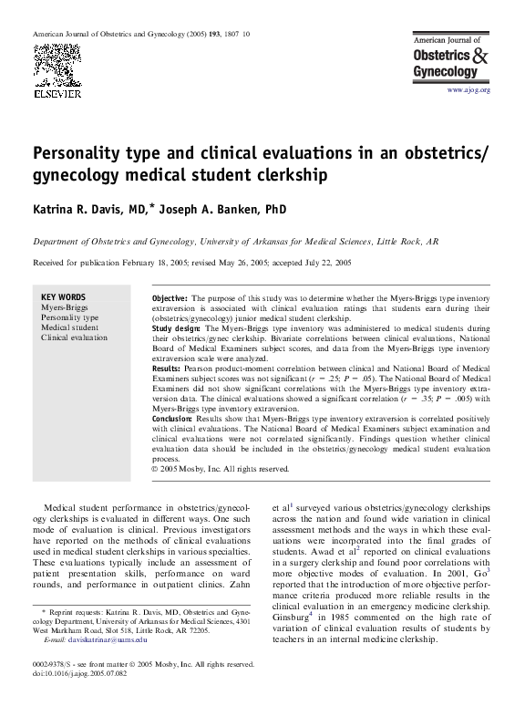 (PDF) Personality type and clinical evaluations in an obstetrics ...