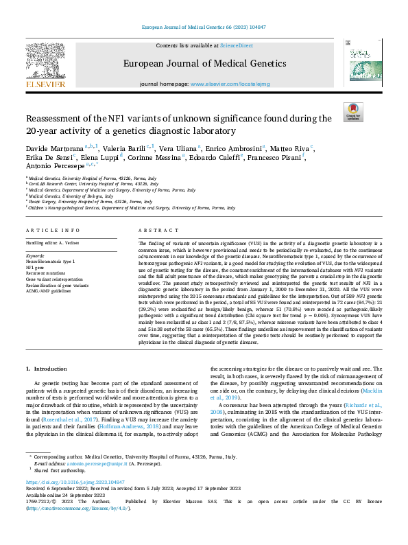 (PDF) Reassessment of the NF1 Variants of Unknown Significance Found During the 20-Year Activity ...