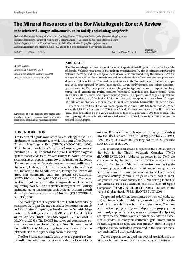 (PDF) The Mineral Resources of the Bor Metallogenic Zone: A Review ...