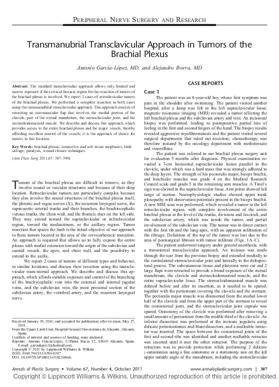 (PDF) Transmanubrial Transclavicular Approach in Tumors of the Brachial ...