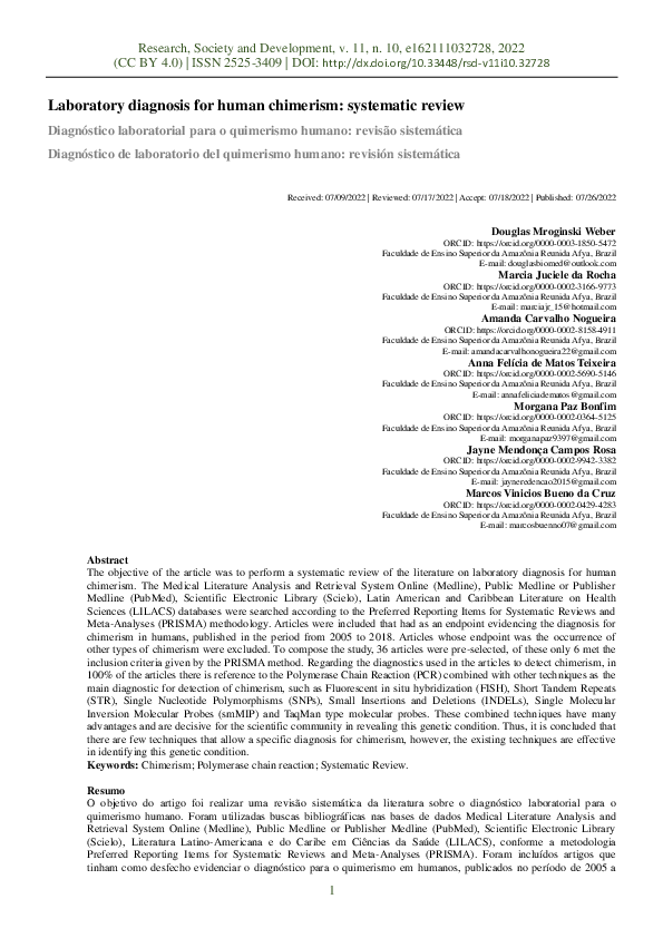 (PDF) Laboratory diagnosis for human chimerism: systematic review